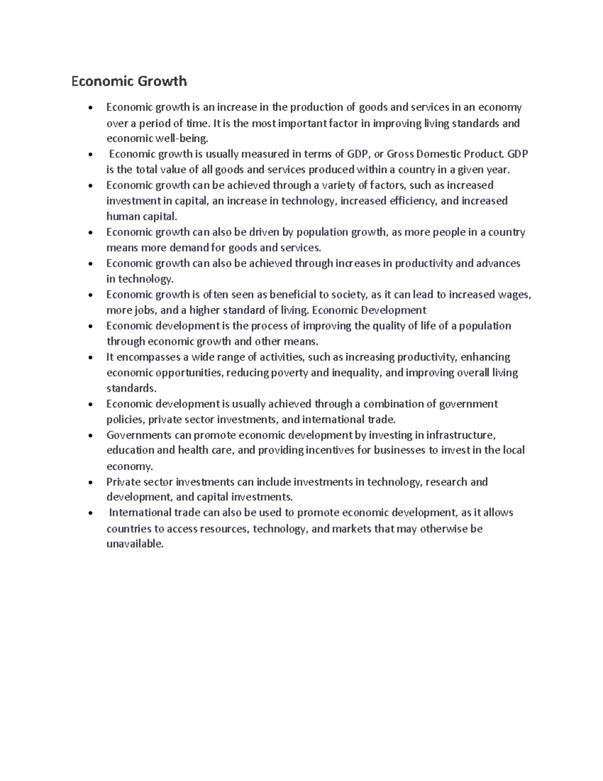 Growth and Develop Econ notes - Economic Growth Economic growth is an ...