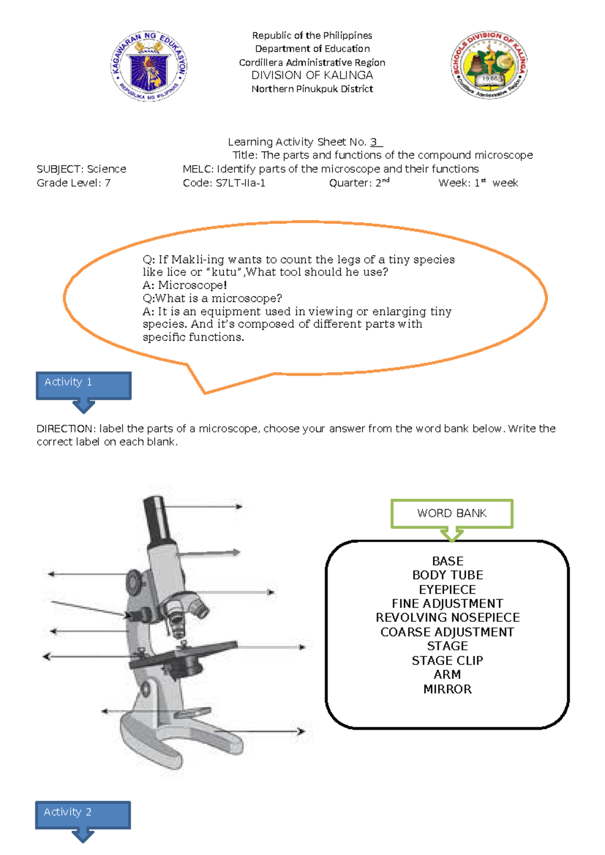 Activity sheet NO - LAS - Activity 1 Activity 2 Republic of the ...