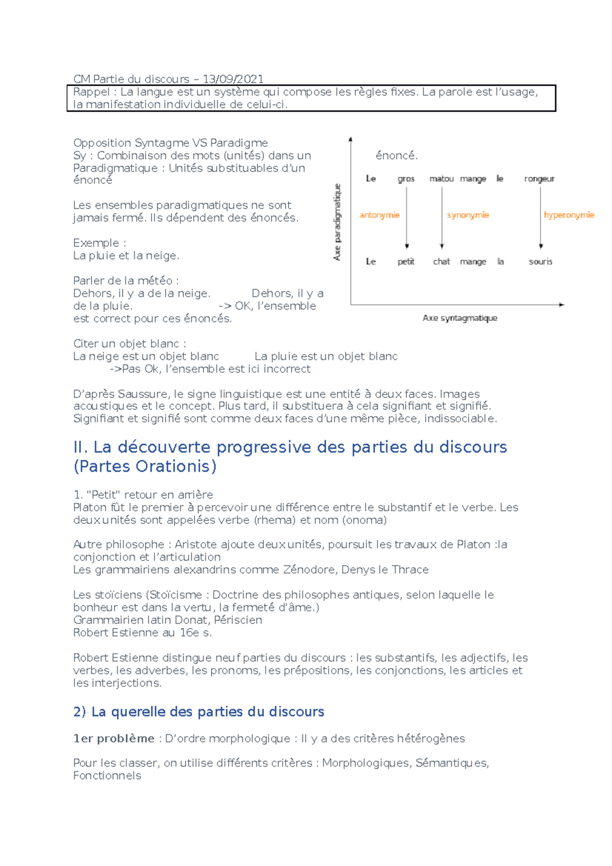 Cours Magistral - Partie du discours - 13.09 - CM Partie du discours ...