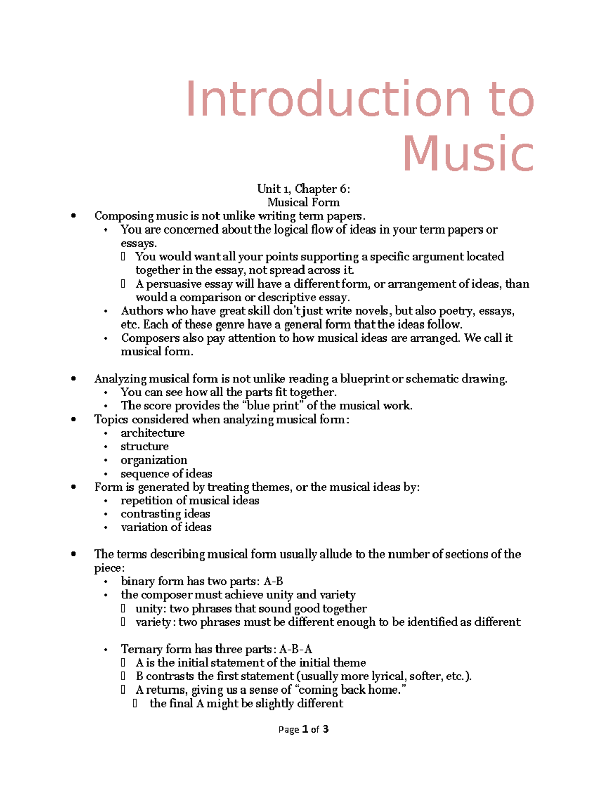Ch6 Form - Summary Enjoyment of Musics - Introduction to Music Unit 1 ...
