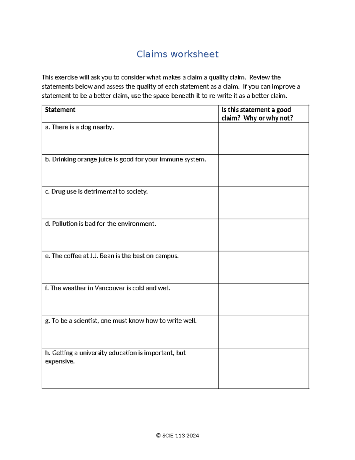 Worksheet Claims - Claims worksheet This exercise will ask you to ...