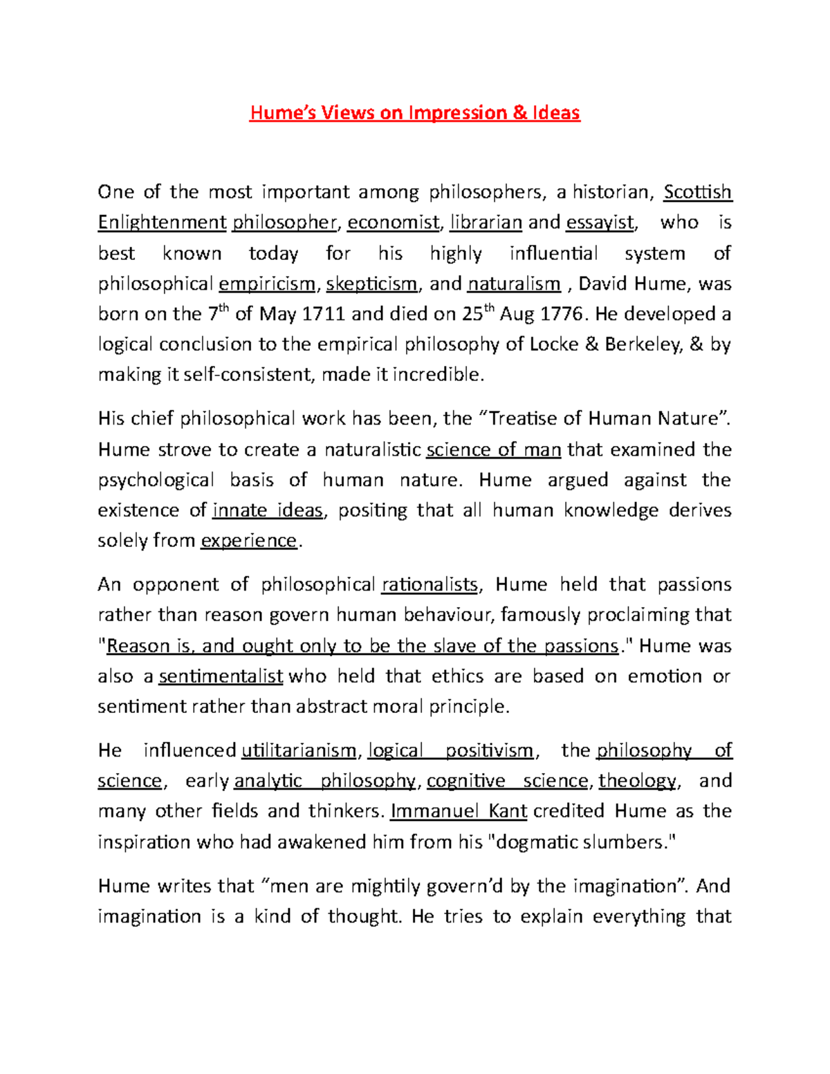 HUME'S Views ON Impressions & Ideas - Hume’s Views on Impression ...