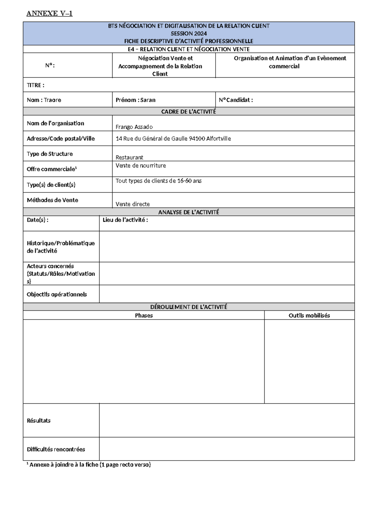 Fiche descriptive entreprise - ANNEXE V– BTS NÉGOCIATION ET ...
