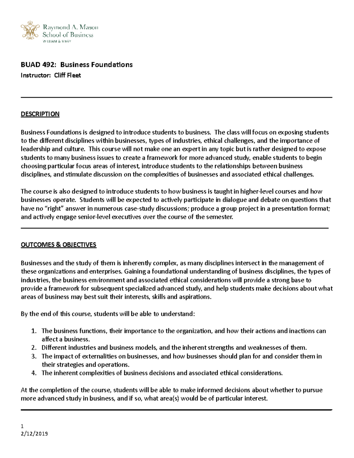 Business Foundations Syllabus Fall 2021(1) - BUAD 492: Business ...