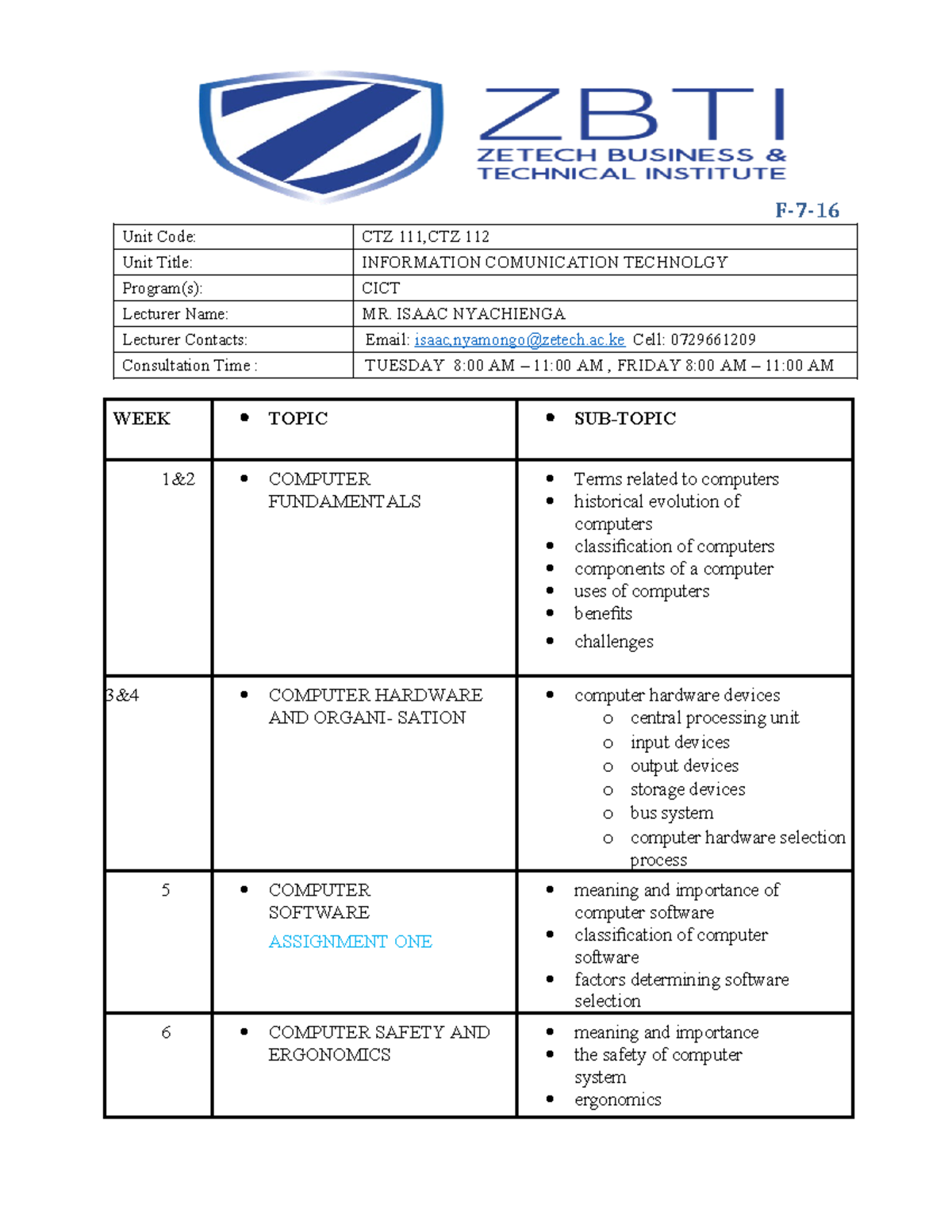 Ict Course Outline F 7 Unit Code Ctz 111 Ctz 112 Unit Title Information Comunication