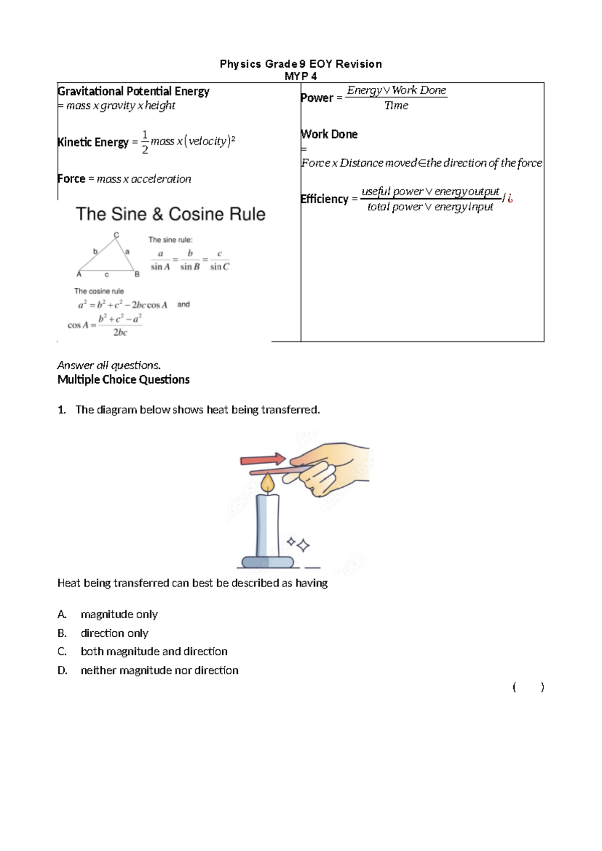 G9 Physics 2023 EOY Revision 1 - Physics Grade 9 EOY Revision MYP 4 ...