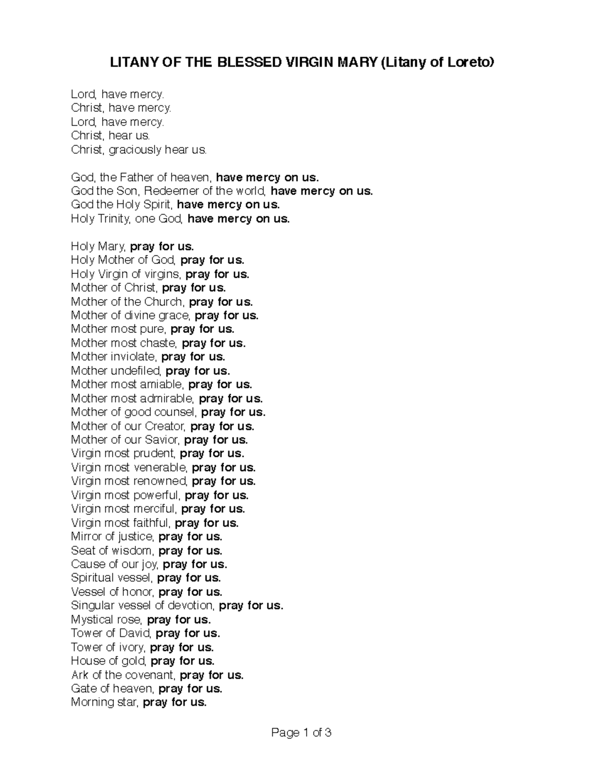 Litany of the Blessed Virgin Mary - LITANY OF THE BLESSED VIRGIN MARY ...