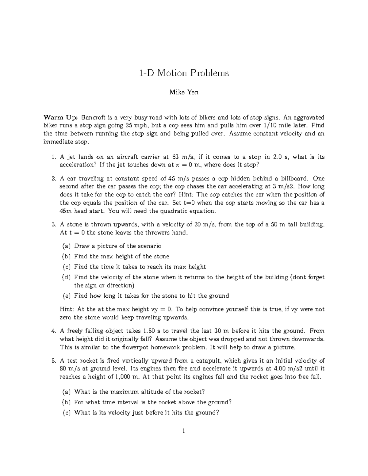 1D Kinematics Worksheet - 1-D Motion Problems Mike Yen Warm Up:Bancroft ...