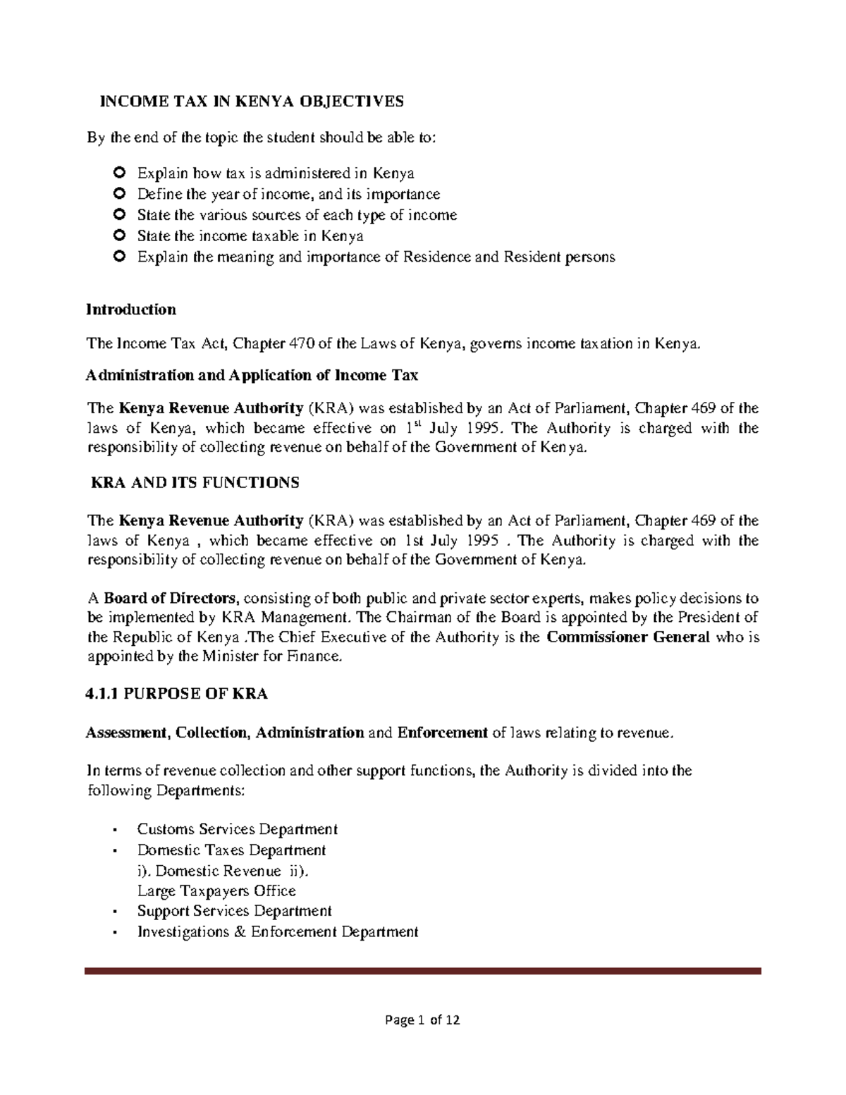 Income TAX - Introduction to Taxation - INCOME TAX IN KENYA OBJECTIVES ...