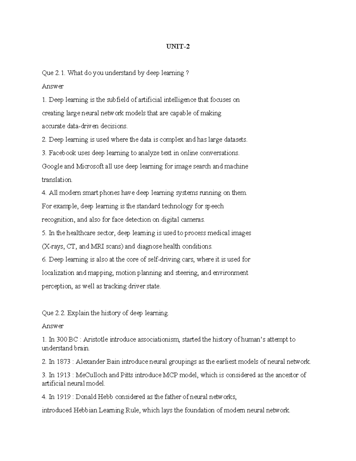 UNIT-2 of DL 7th sem - UNIT- Que 2. What do you understand by deep ...