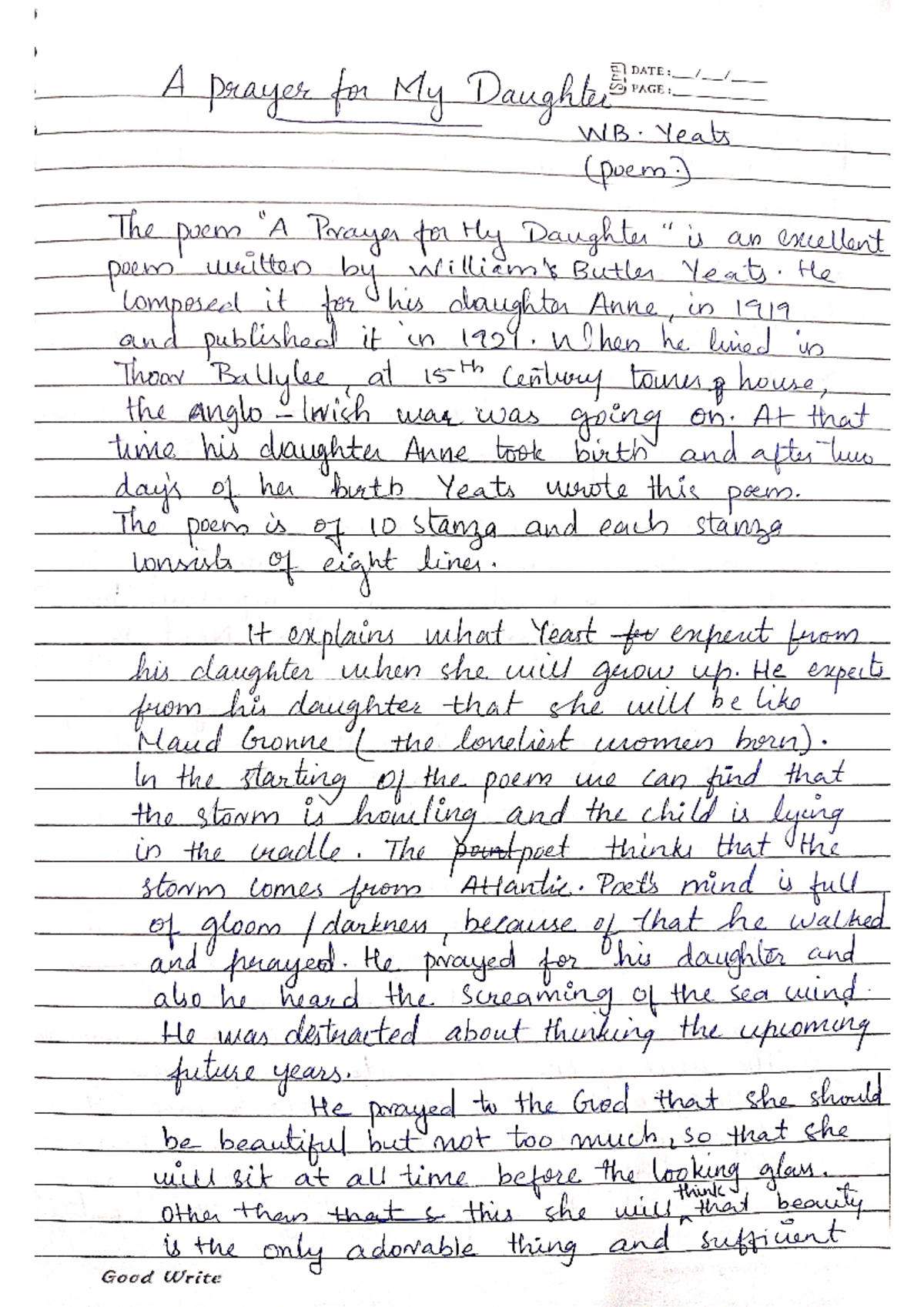 A prayer for my daughter by WB Yeats - English Literature 3(ii) - Studocu