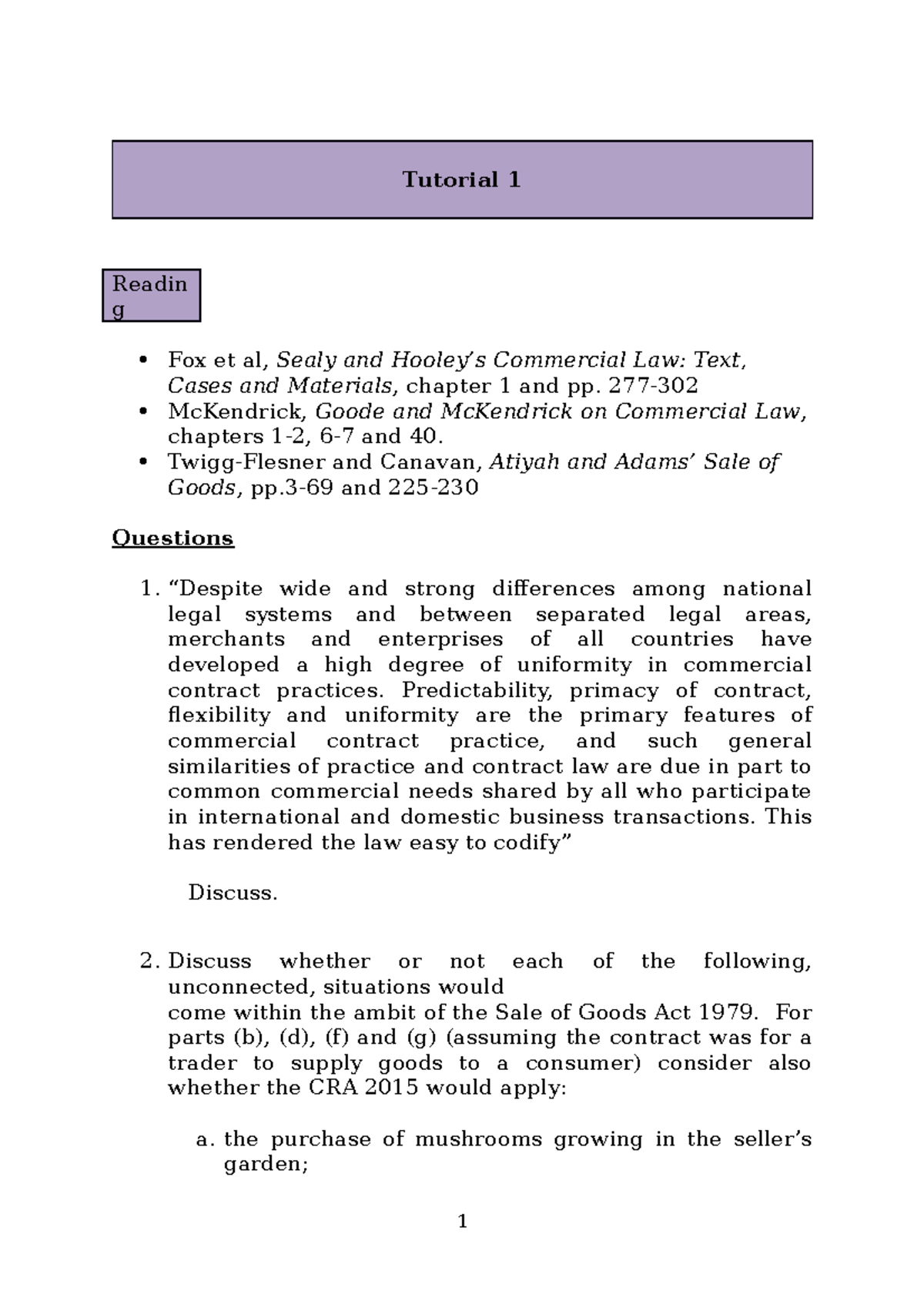 Commercial law tutorial 1 handout 2022-23 - Tutorial 1 Readin g Fox et ...
