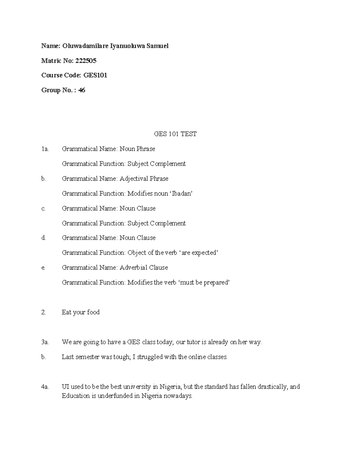 GES 101 test - English - Name: Oluwadamilare Iyanuoluwa Samuel Matric ...