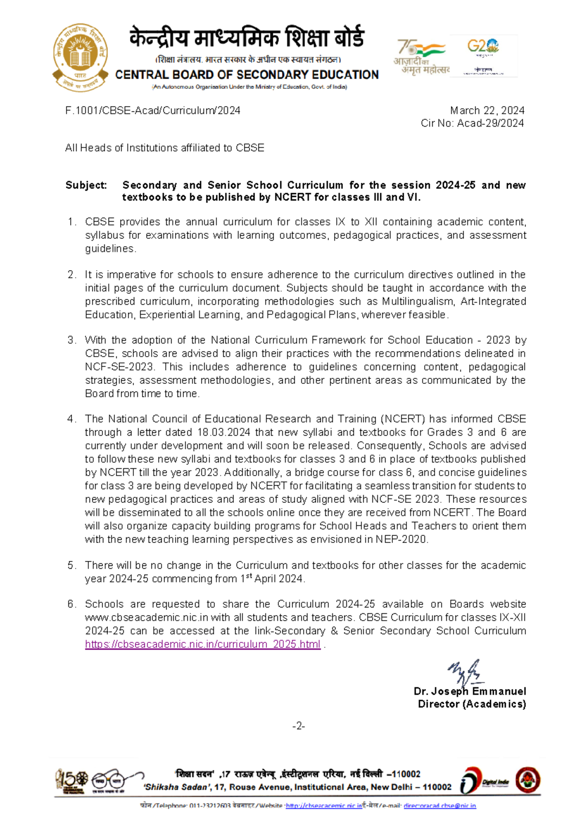 29 Circular 2024 - F/CBSE-Acad/Curriculum/202 4 March 22 , 202 4 Cir No ... 29 Circular 2024 - F/CBSE-Acad/Curriculum/202 4 March 22 , 202 4 Cir No ...