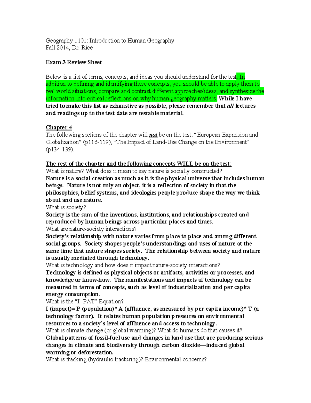 Study Guide 3 - Geography 1101: Introduction to Human Geography Fall ...