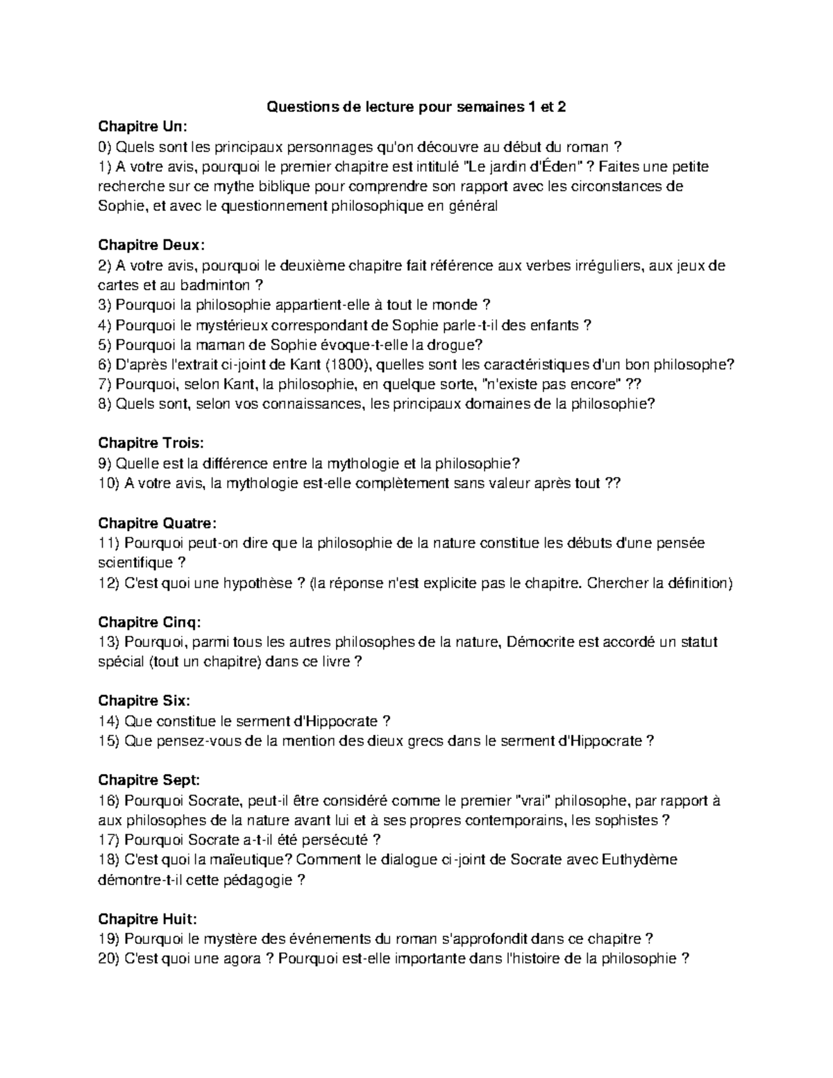 Questions de lecture philosophique - Questions de lecture pour semaines ...