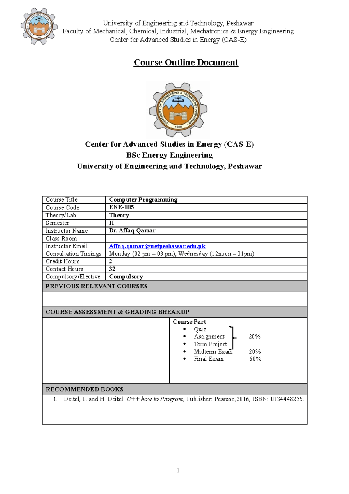 2 Course Outline - Computer Programming - Faculty of Mechanical, Chemical, Industrial ...