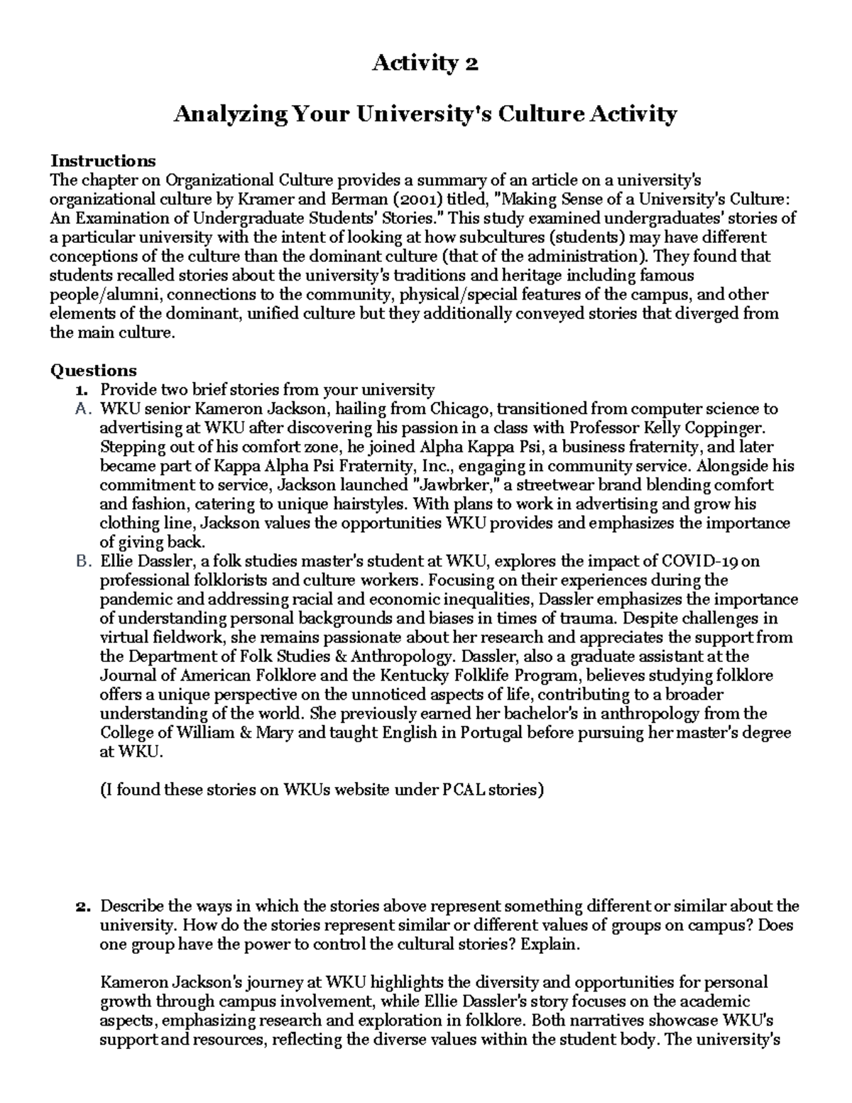 Chapter 9-Activity 2 (Analyzing University Culture) - Activity 2 ...