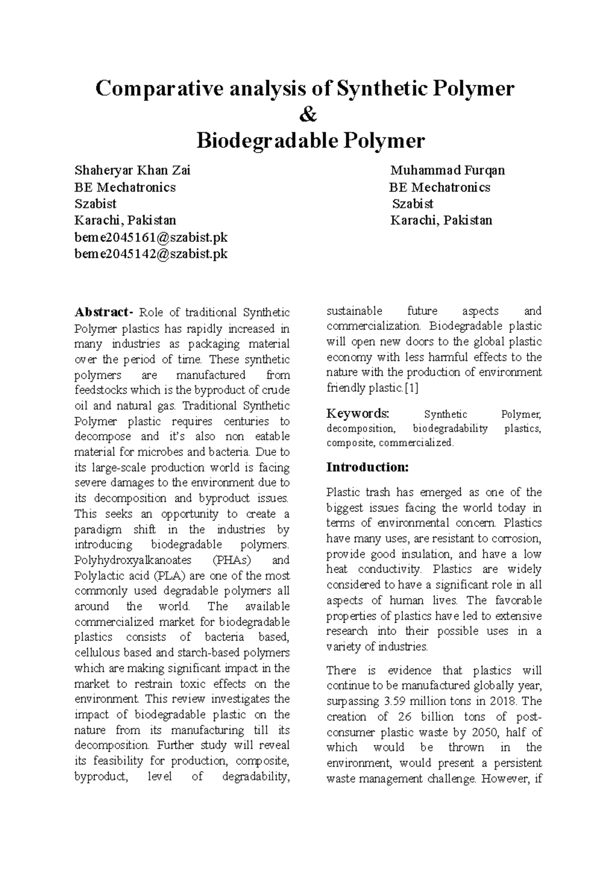 Research Paper - Comparative analysis of Synthetic Polymer & Biodegradable Polymer Shaheryar ...