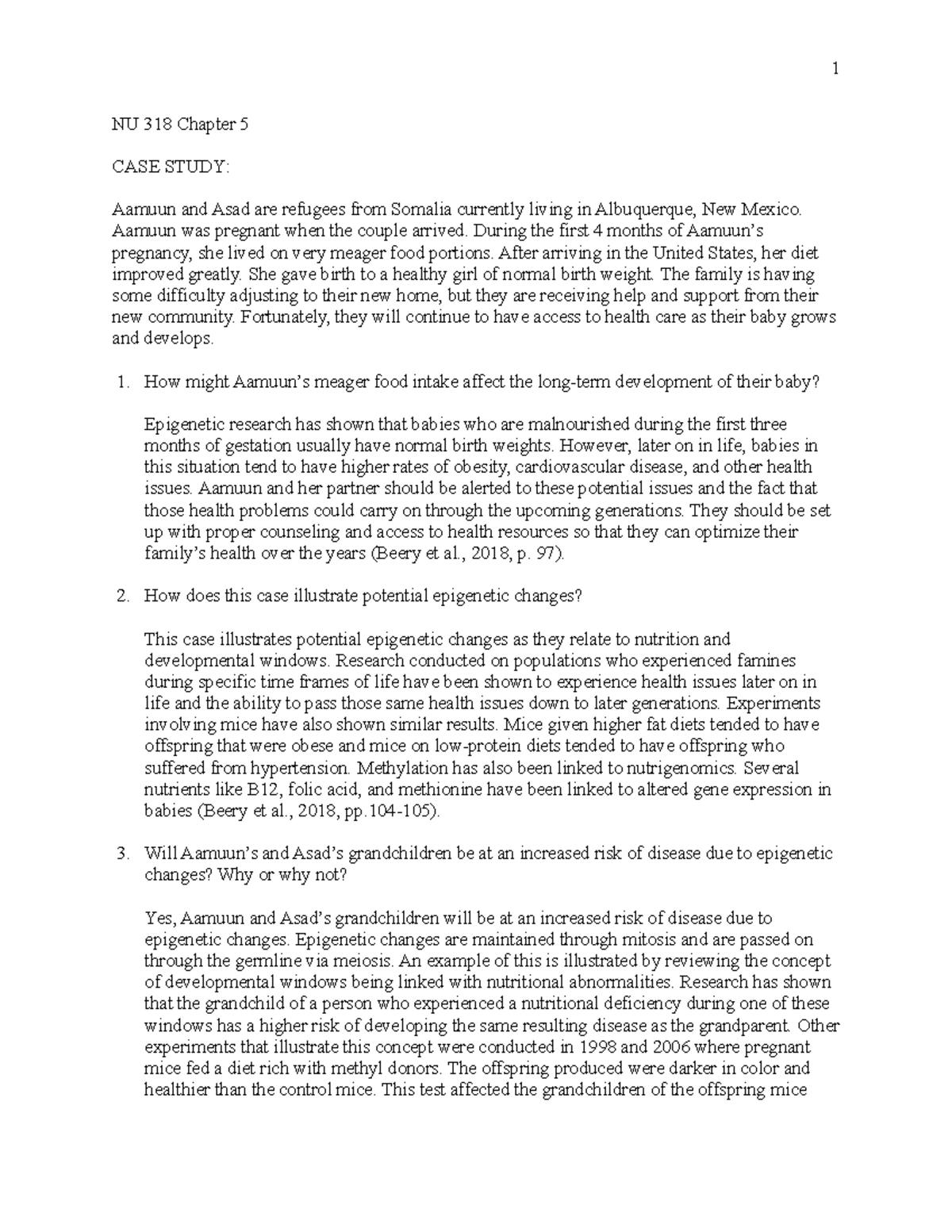 NU 318 Chapter 5 Case Study - 1 NU 318 Chapter 5 CASE STUDY: Aamuun and Asad are refugees from ...