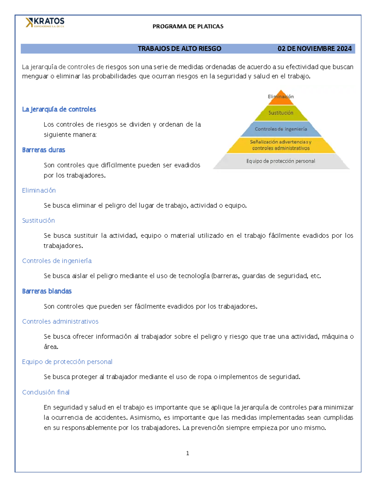Programa DE Platicas DE Seguridad Noviembre 2024 - TRABAJOS DE ALTO RIESGO 02 DE NOVIEMBRE 2024 ...