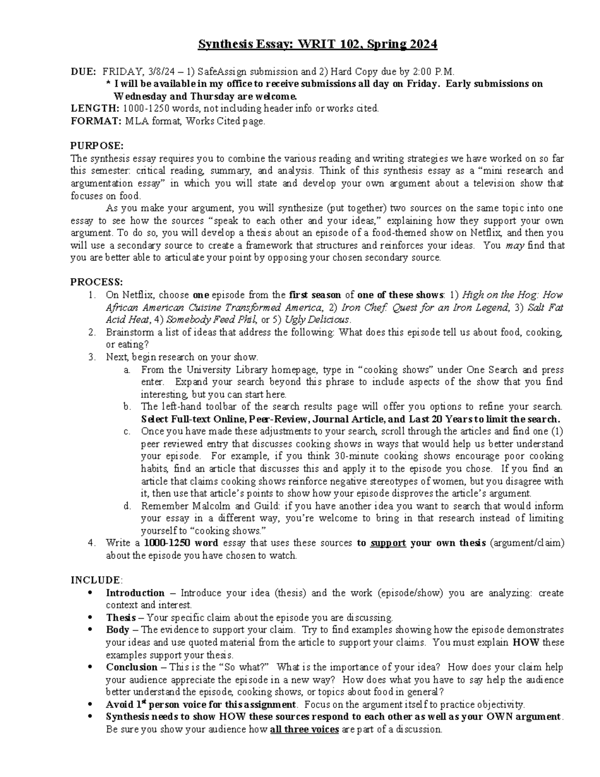 Assignment Sheet - Synthesis - Synthesis Essay: WRIT 102, Spring 2024 ...