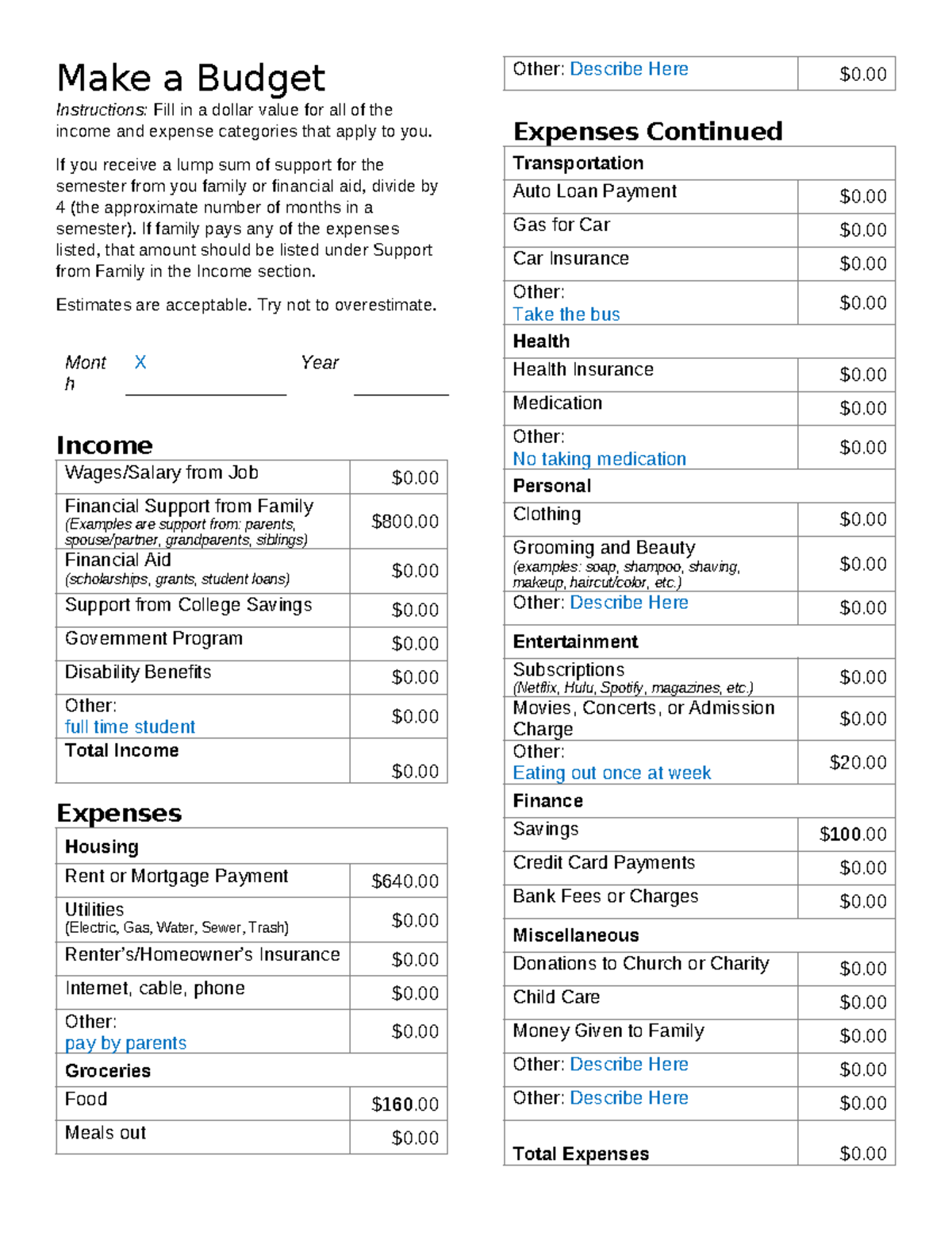 Make A Budget Worksheet COM S 107 Applied Computer Programming