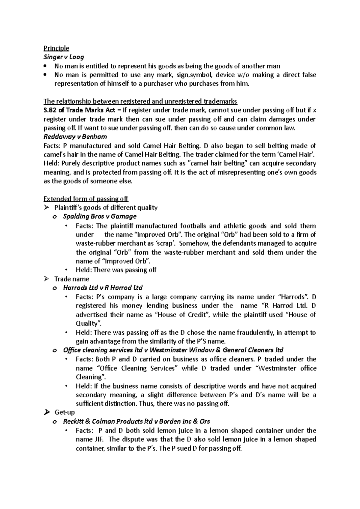 Passing off - Notes taken during lecture - Additional notes have been ...