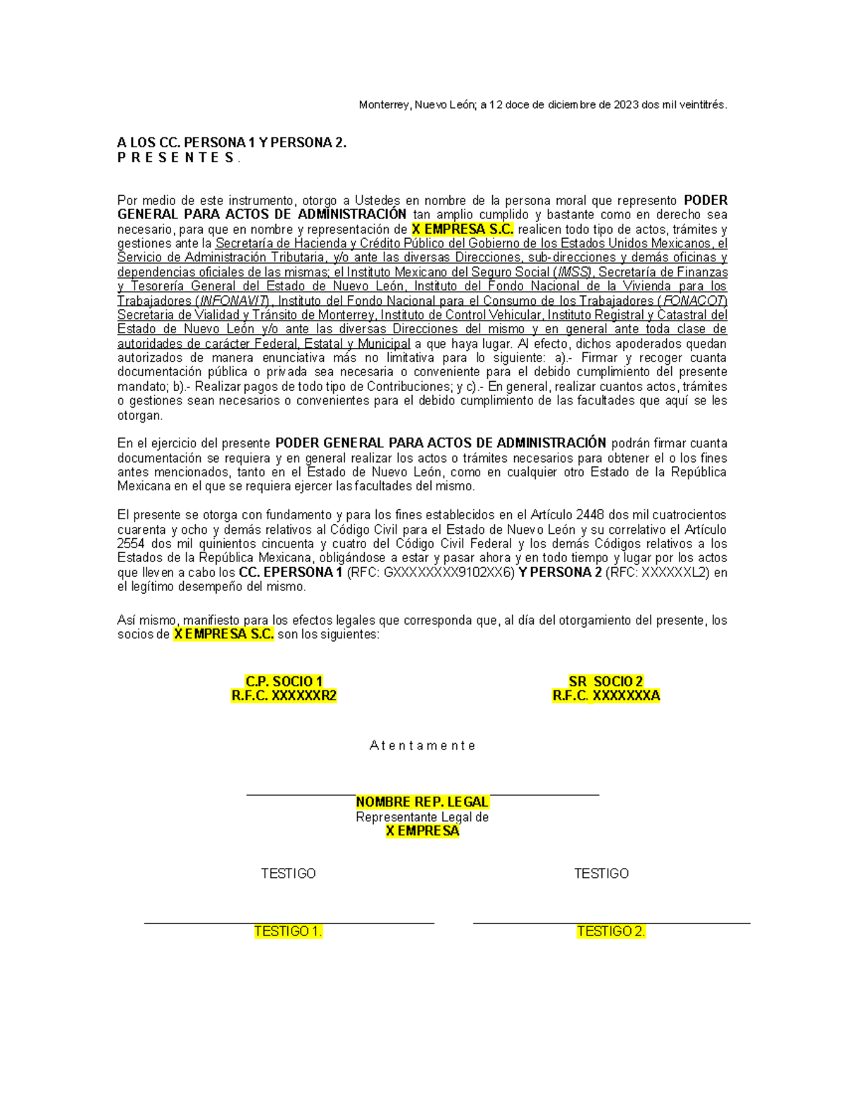 Carta Poder IMSS Infonavit Y SAT - Monterrey, Nuevo León; a 12 doce de ...