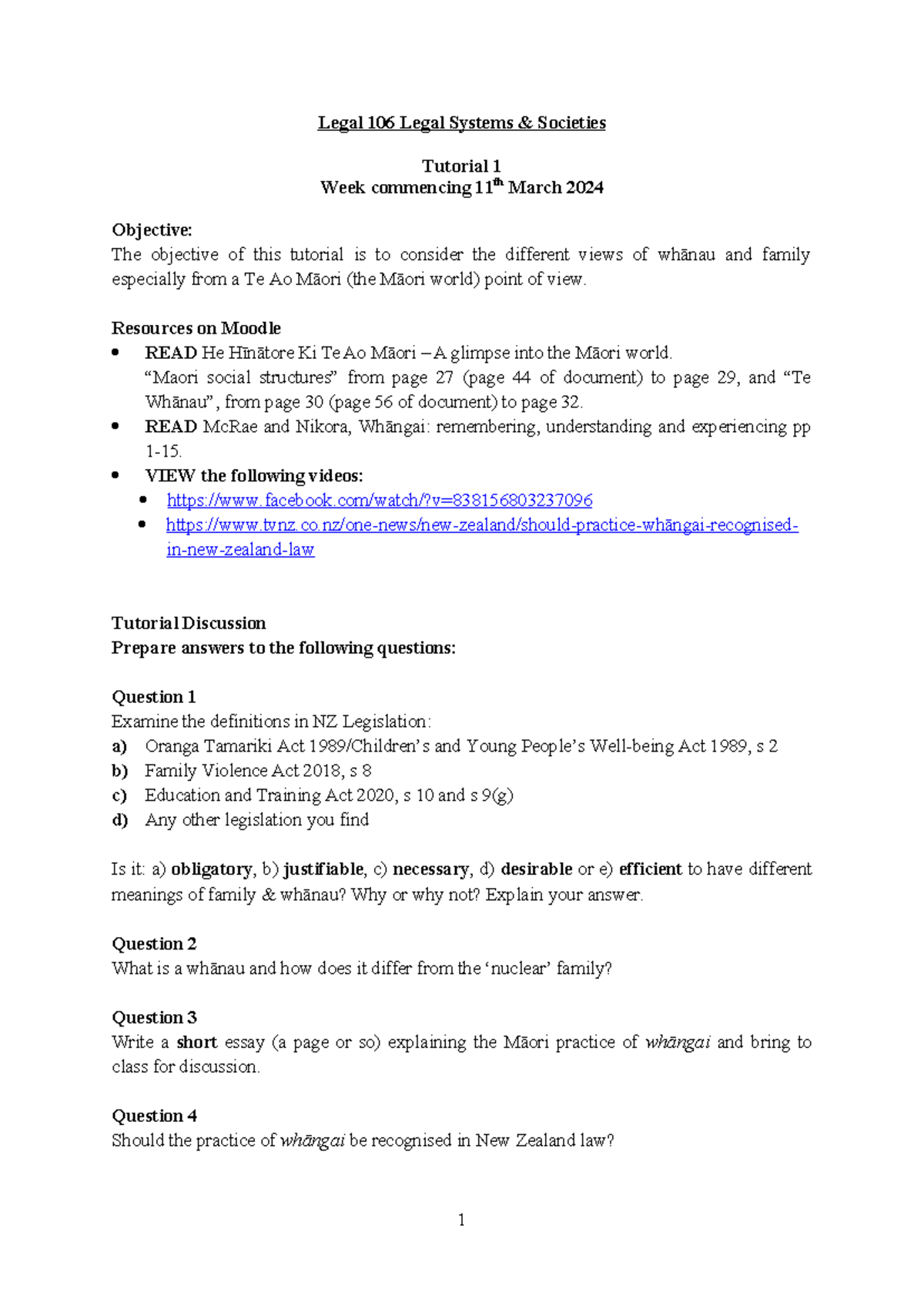 Tutorial 1 Whanau Q - Legal 106 Legal Systems & Societies Tutorial 1 ...