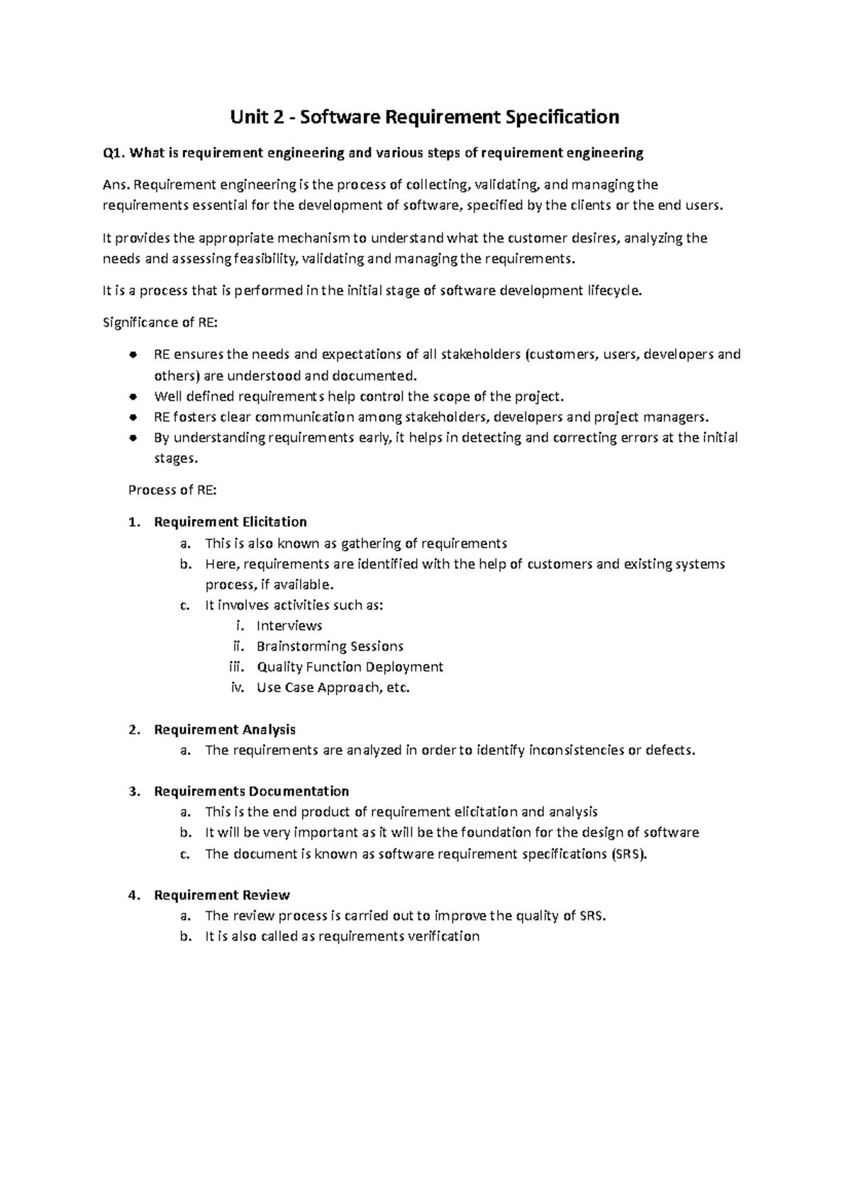 Software Engineering Notes Unit 23 Unit 2 Software Requirement Specification Q1 What Is
