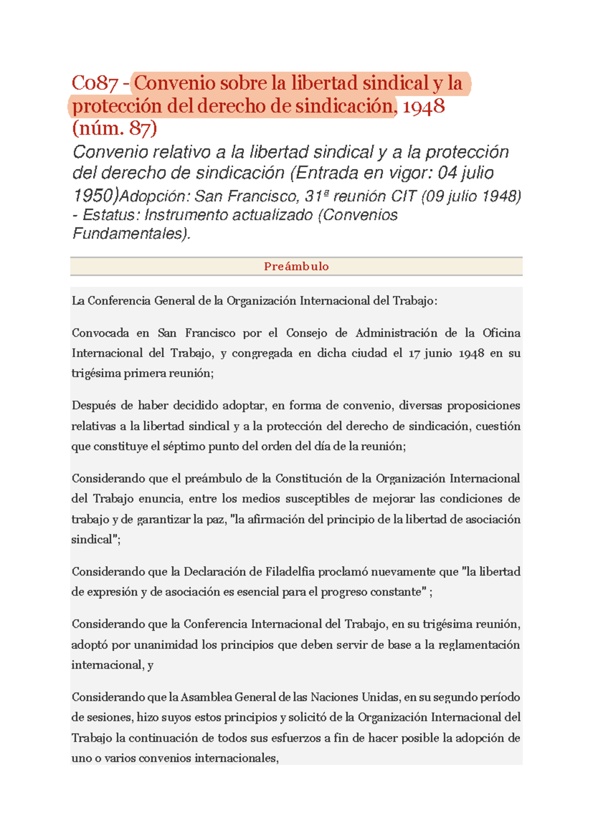 Convenio 87 OIT - C087 - Convenio sobre la libertad sindical y la protección del derecho de ...
