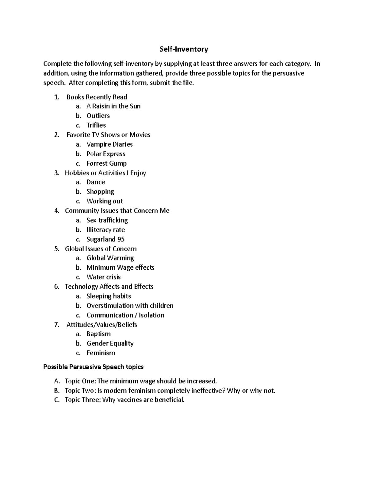 Self-Inventory - assignment from speech for self invetory - Self ...