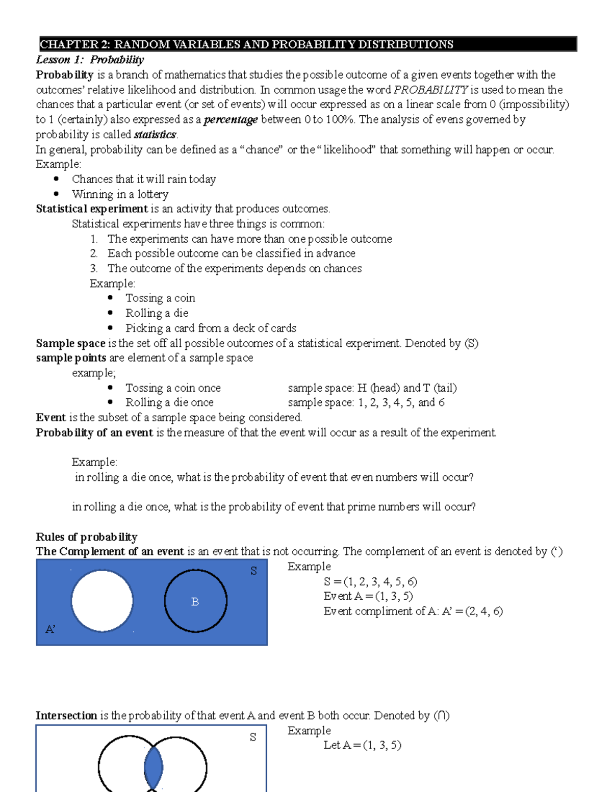Random Variability and Probability - A B S A’ S A B CHAPTER 2: RANDOM ...