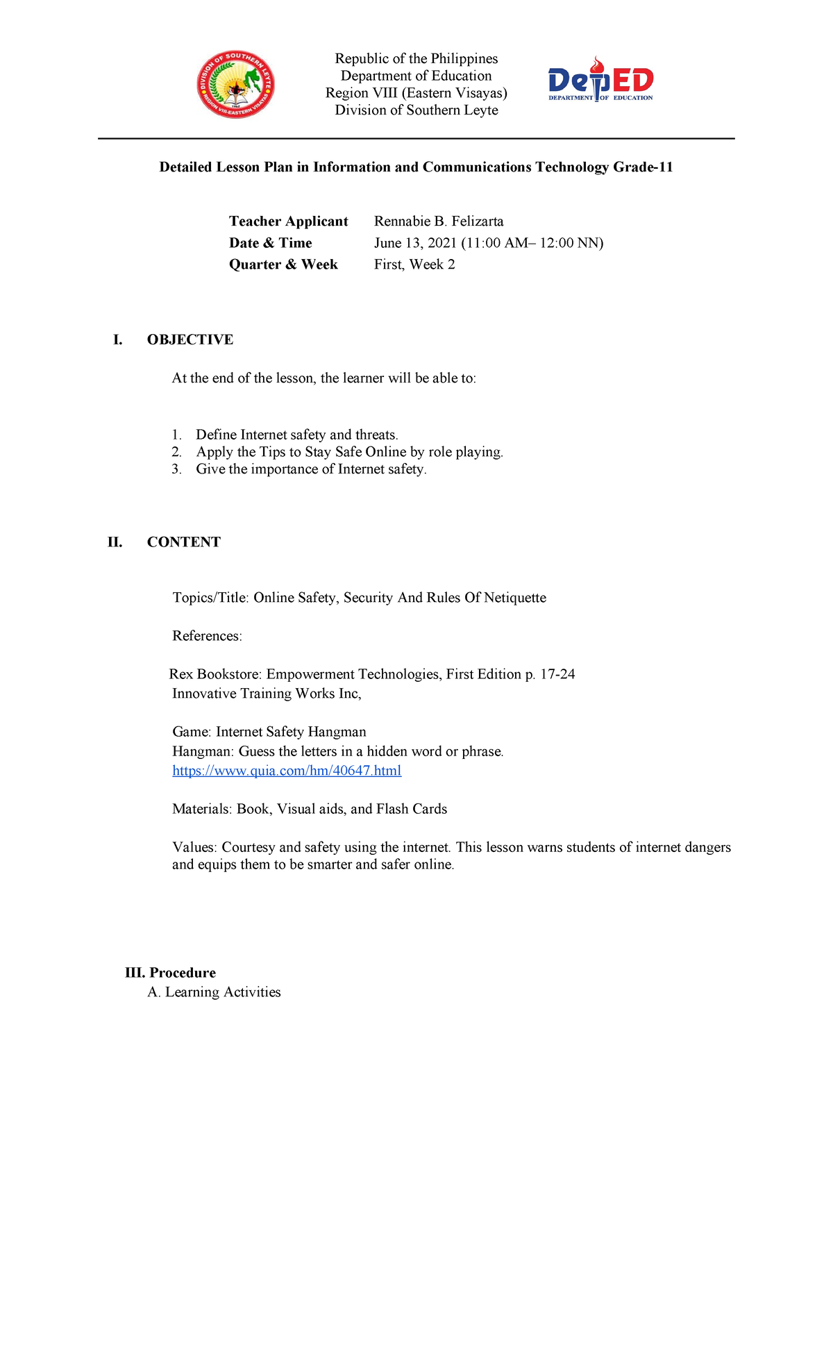 Detailed Lesson Plan in Information and Communications Technology Grade ...