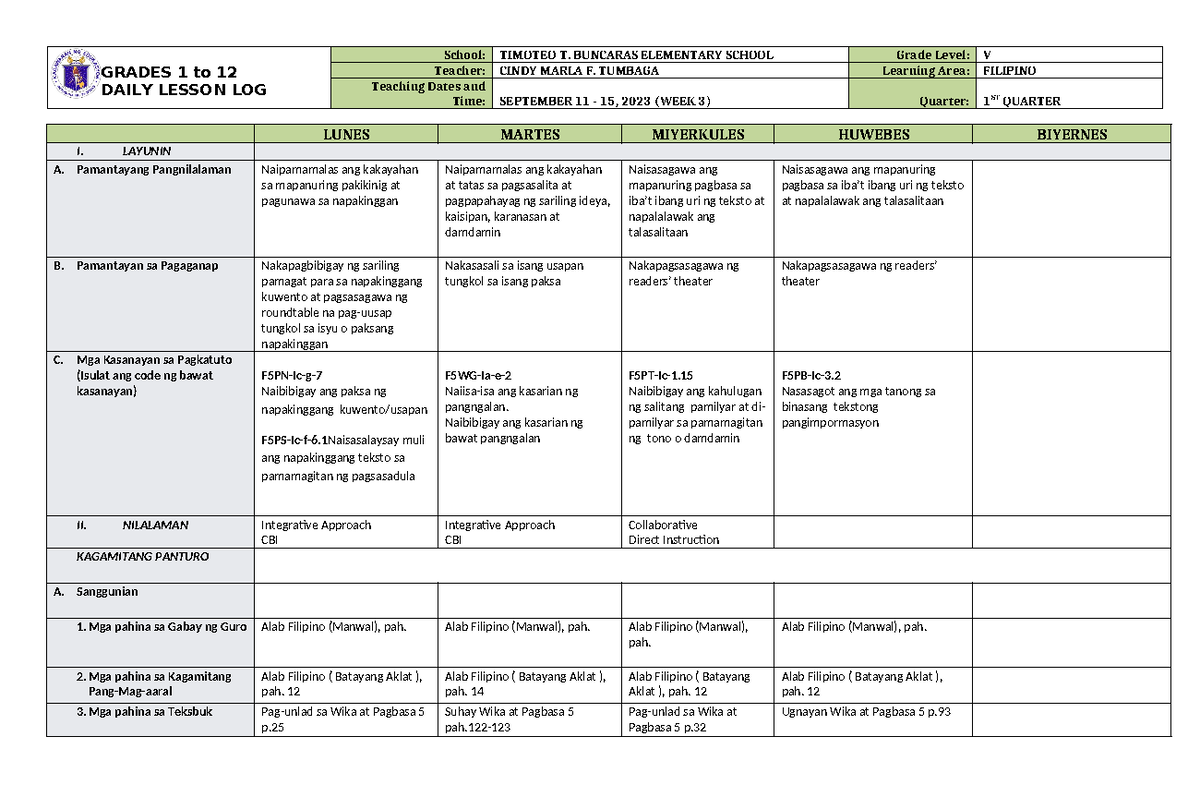 DLL Filipino 5 Q1 W3 edit - GRADES 1 to 12 DAILY LESSON LOG School: TIMOTEO T. BUNCARAS ...