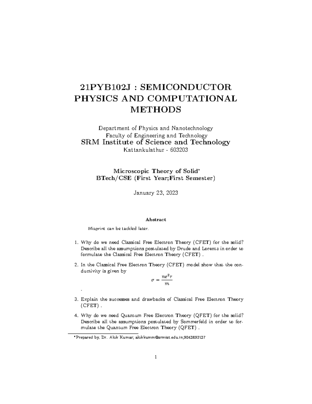 Assignment-unit1 18PYB103J-new - 21PYB102J : SEMICONDUCTOR PHYSICS AND COMPUTATIONAL METHODS ...