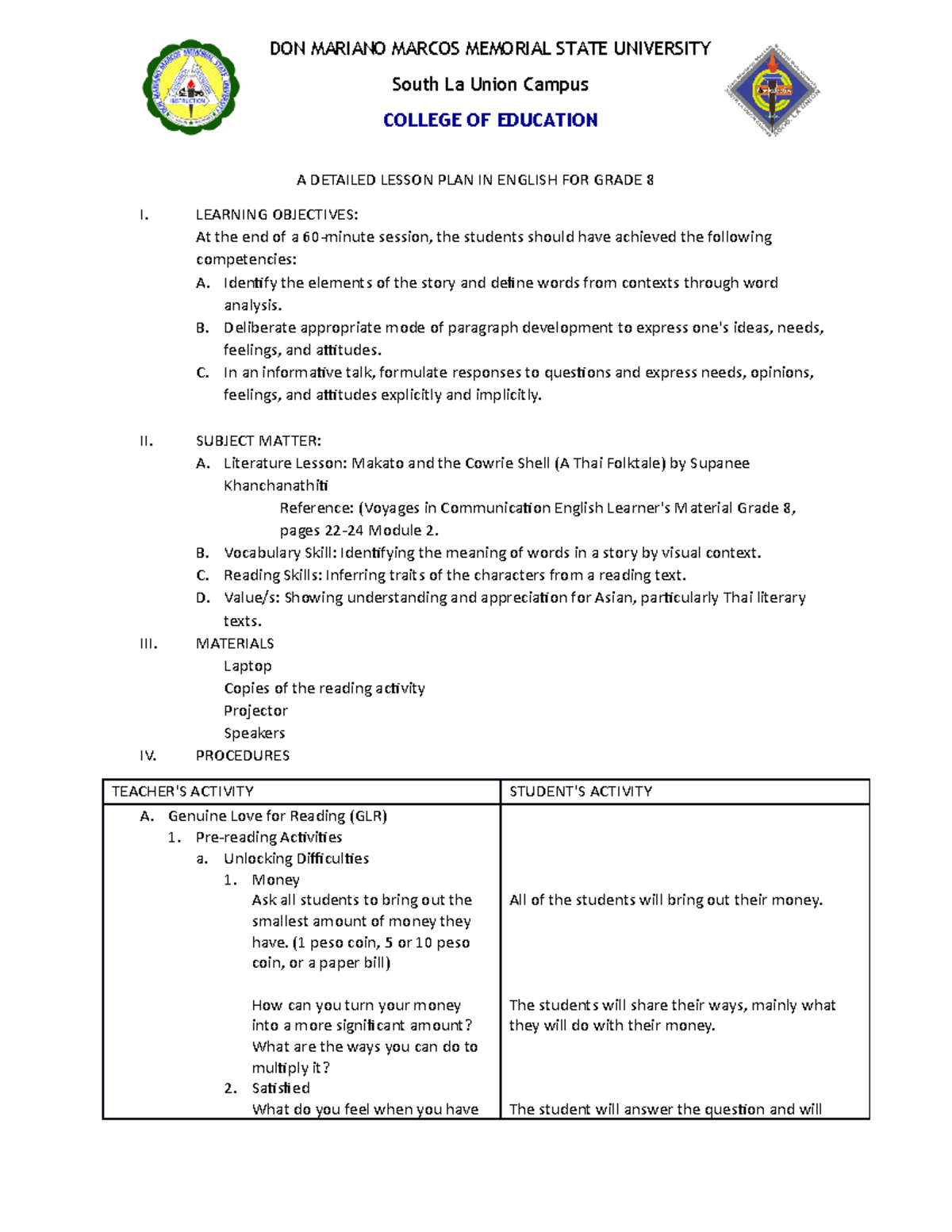 A Detailed Lesson PLAN IN English FOR Grade 8 Makato AND THE Cowrie ...
