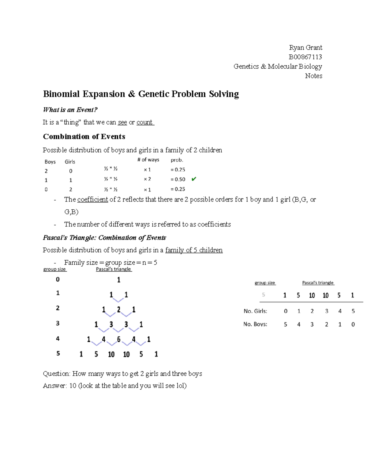 Binomial Expansion Ryan Grant B Genetics And Molecular Biology Notes