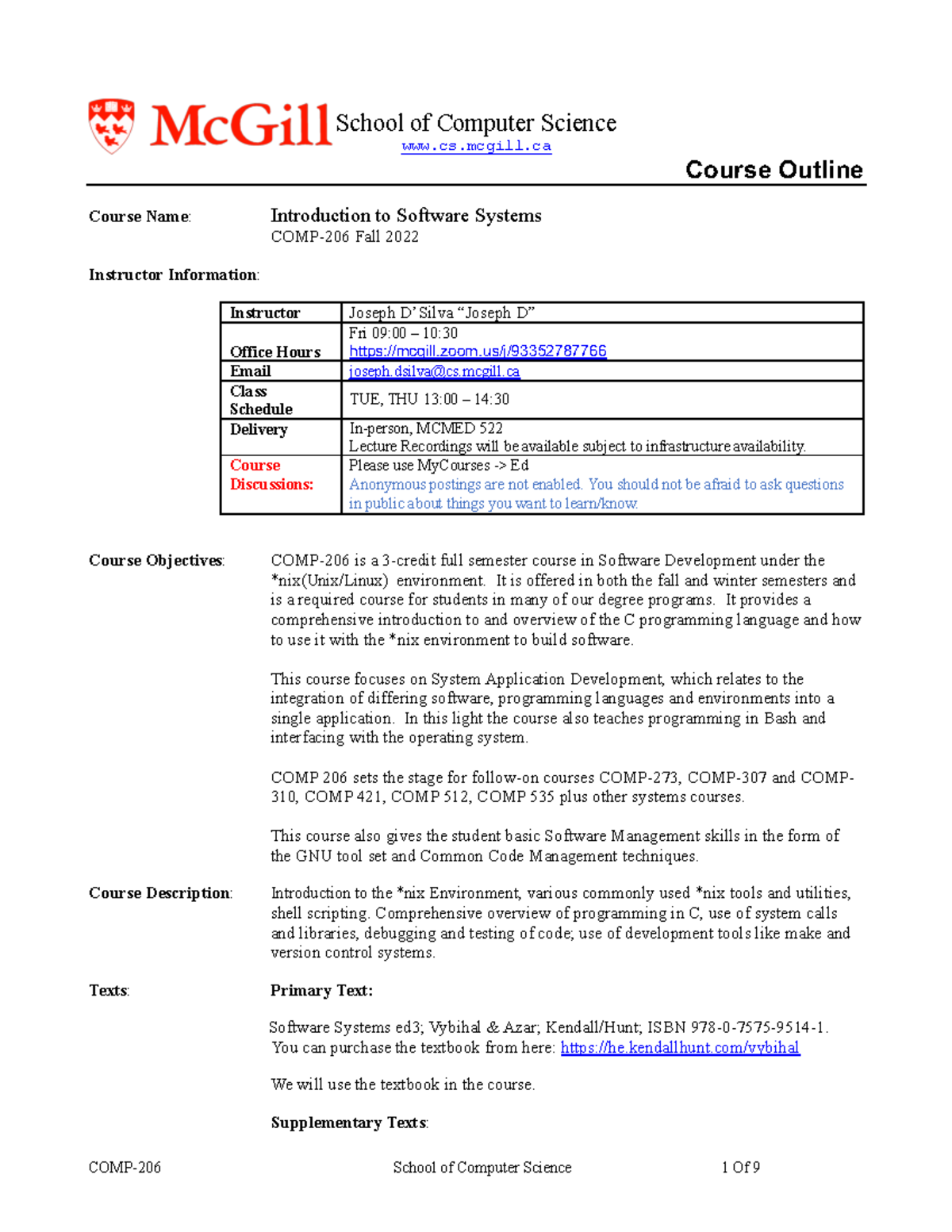 COMP 206 Course Outline - F2022 - School of Computer Science cs.mcgill ...