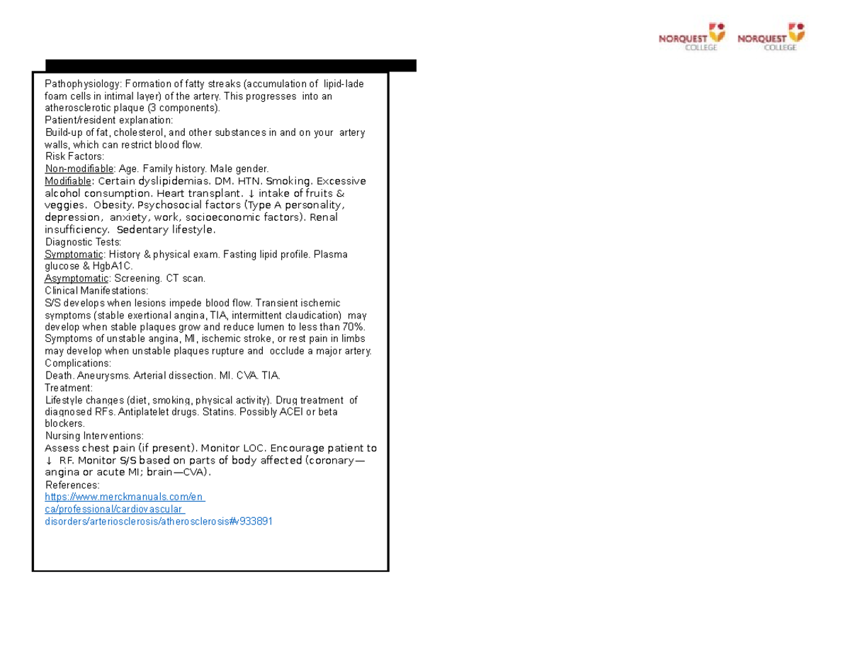 Patho cards - CLINICALS - Pathophysiology: Atherosclerosis Pathophysiology: Dyslipidemia - Studocu