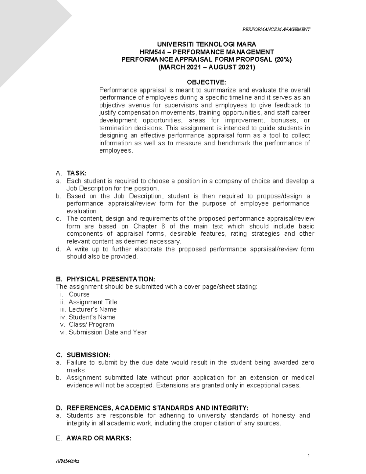 Individual Form Proposal - PERFORMANCE MANAGEMENT 1 HRM544/nhz ...