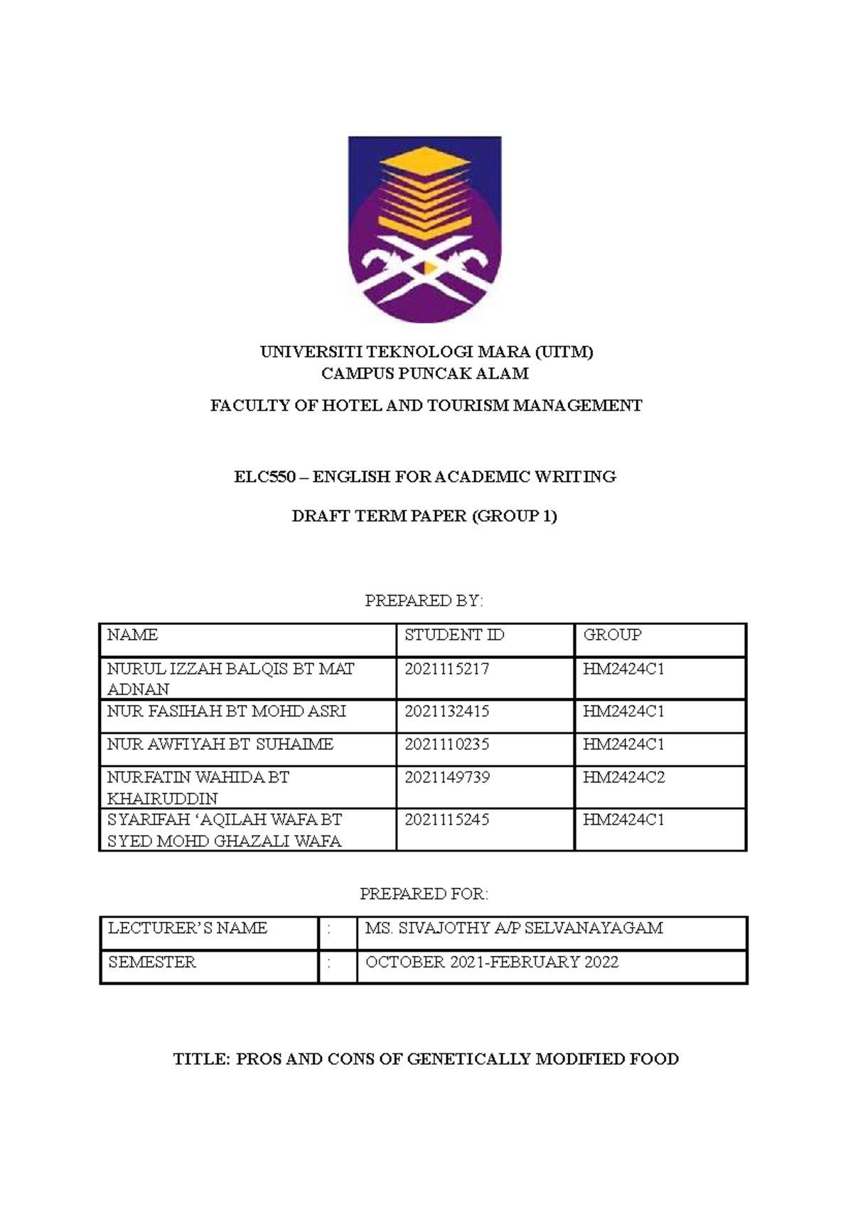 FULL Essay TERM Paper Group 1 - UNIVERSITI TEKNOLOGI MARA (UITM) CAMPUS ...