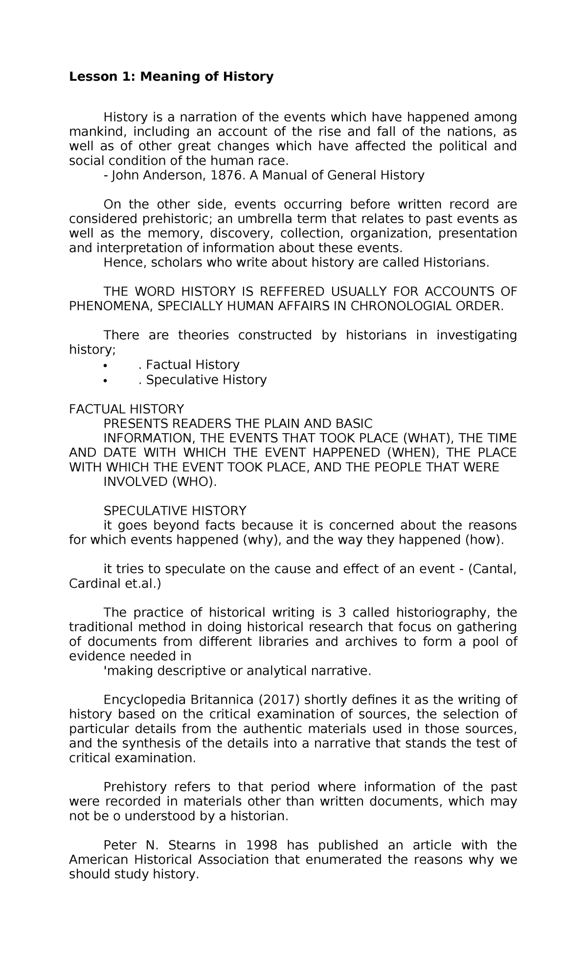 Readings in the Ph History Handout - Lesson 1: Meaning of History ...