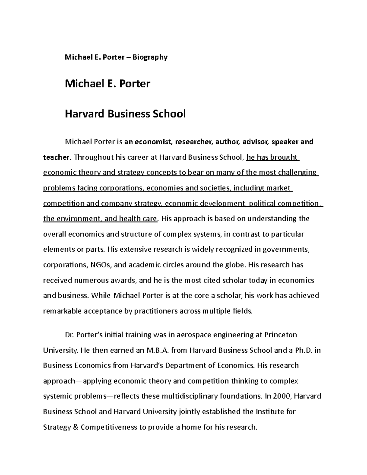 Michael E. Porter - Michael E. Porter – Biography Michael E. Porter ...