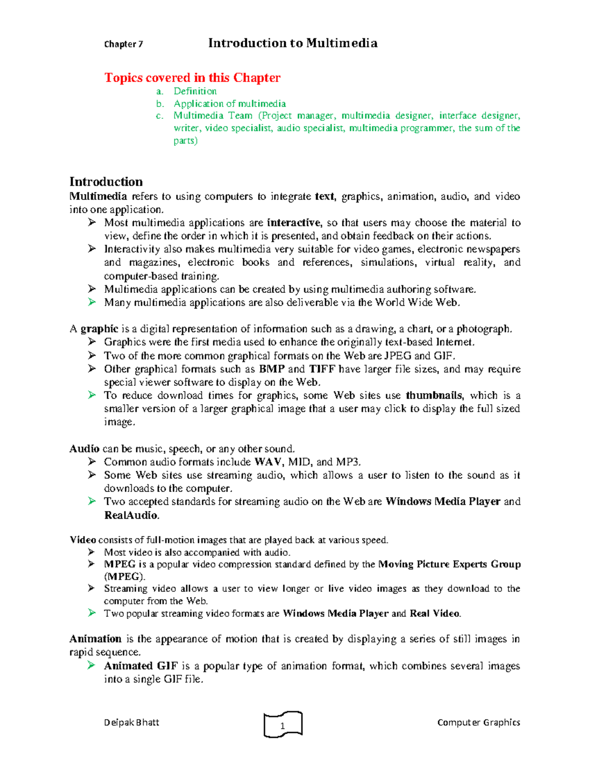 Unit 7 Multimedia - Computer graphcis - Topics covered in this Chapter ...