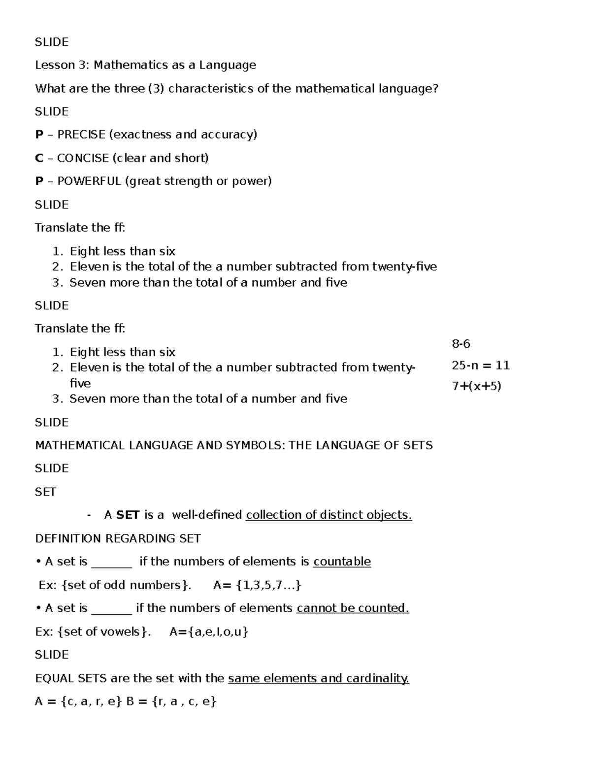 Lesson 3333 - SLIDE Lesson 3: Mathematics as a Language What are the ...