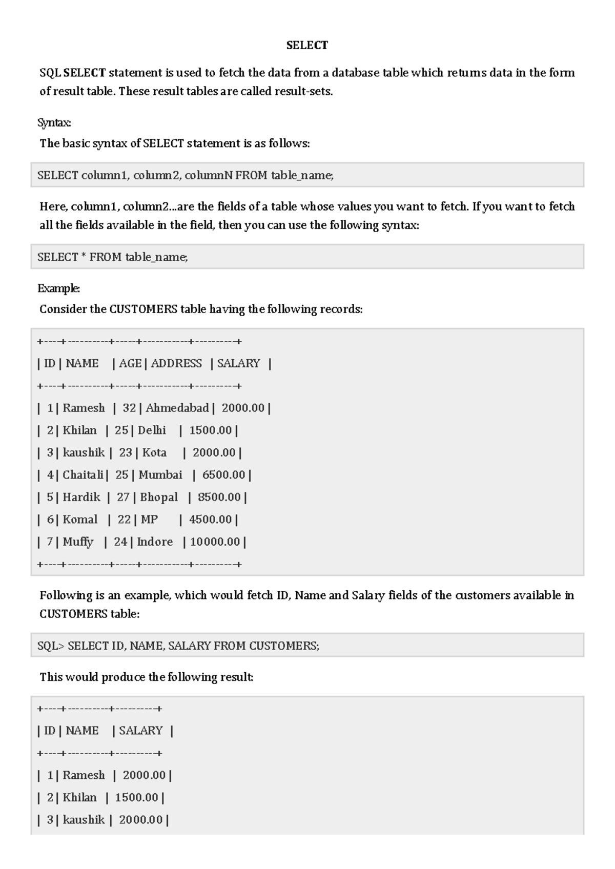 UNIT-II 15 - hgjhgjjkvv - SELECT SQL SELECT statement is used to fetch ...