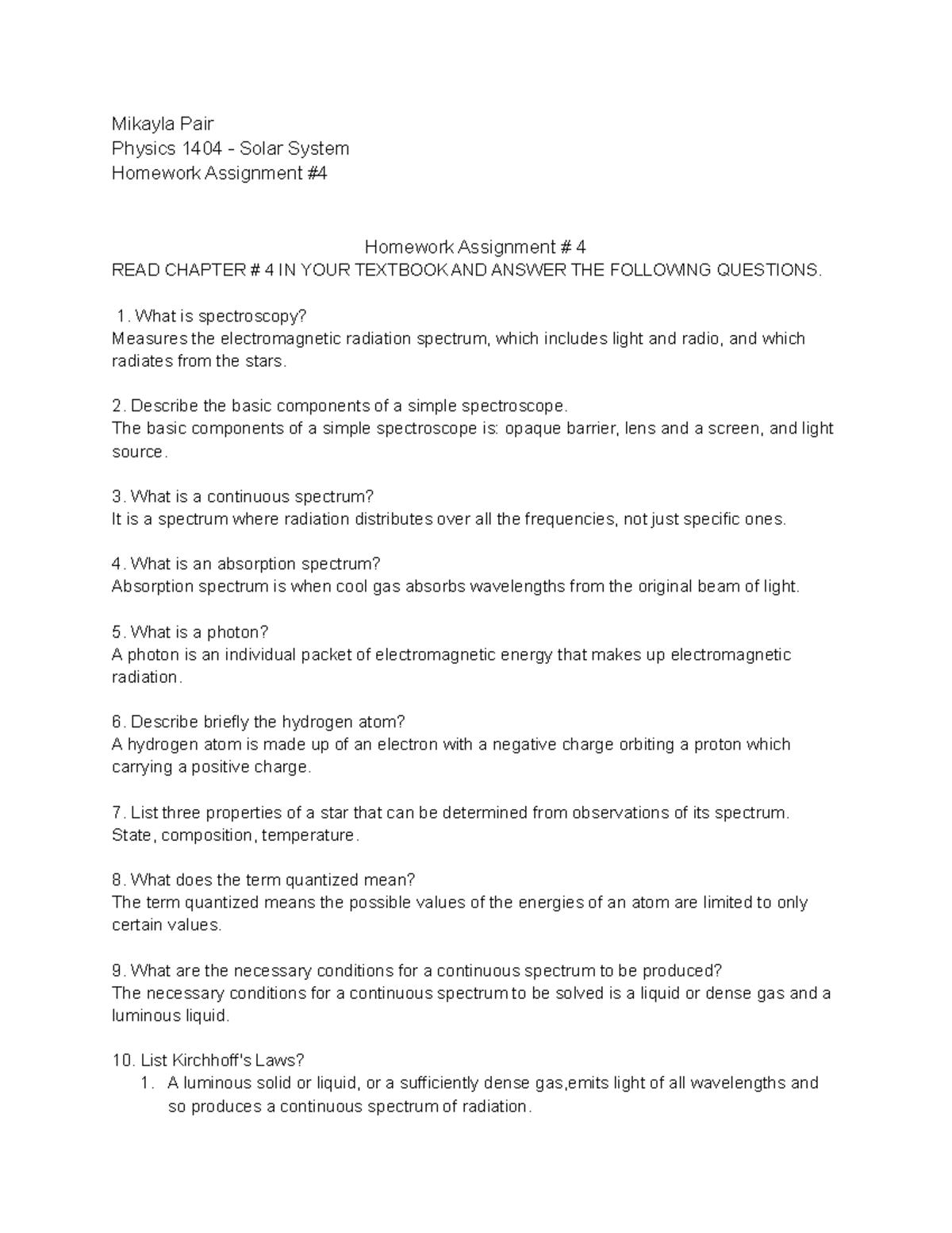 HW #4 - Professor: Jeff Howard - Mikayla Pair Physics 1404 - Solar ...