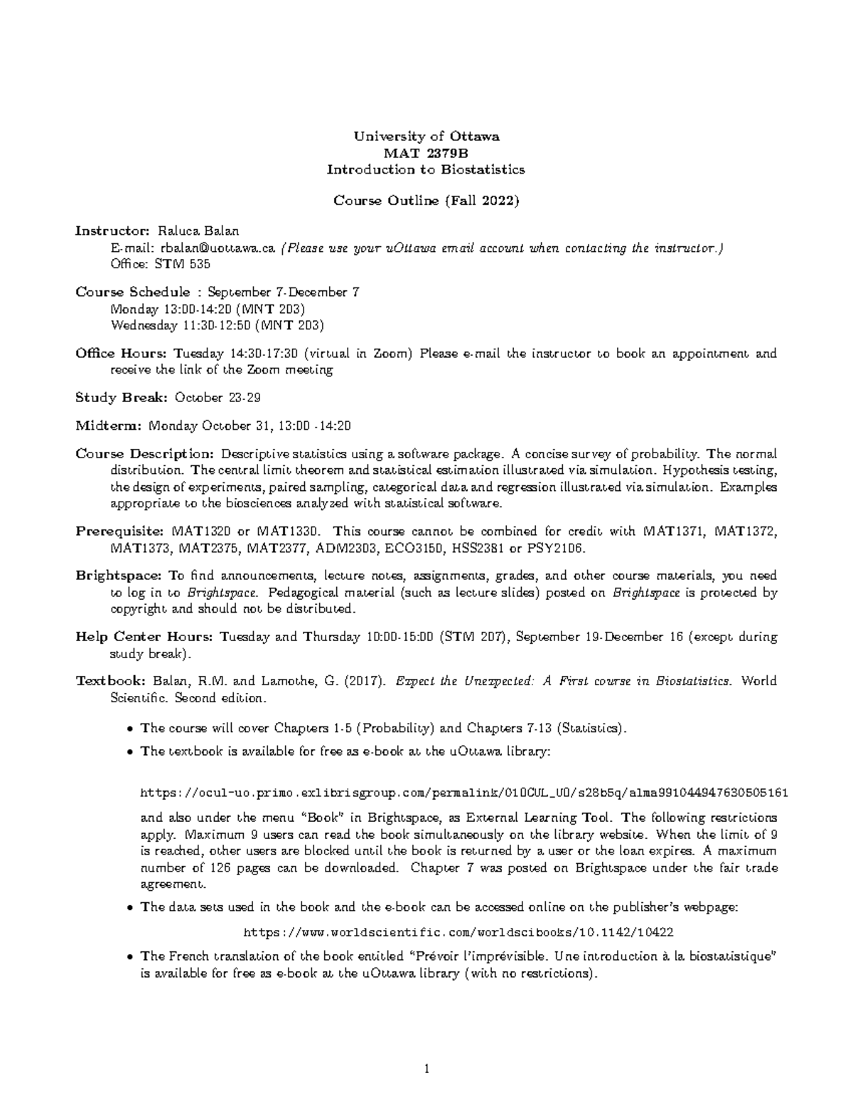 Syllabus Biostatistics University Of Ottawa Mat 2379b Introduction To Biostatistics Course